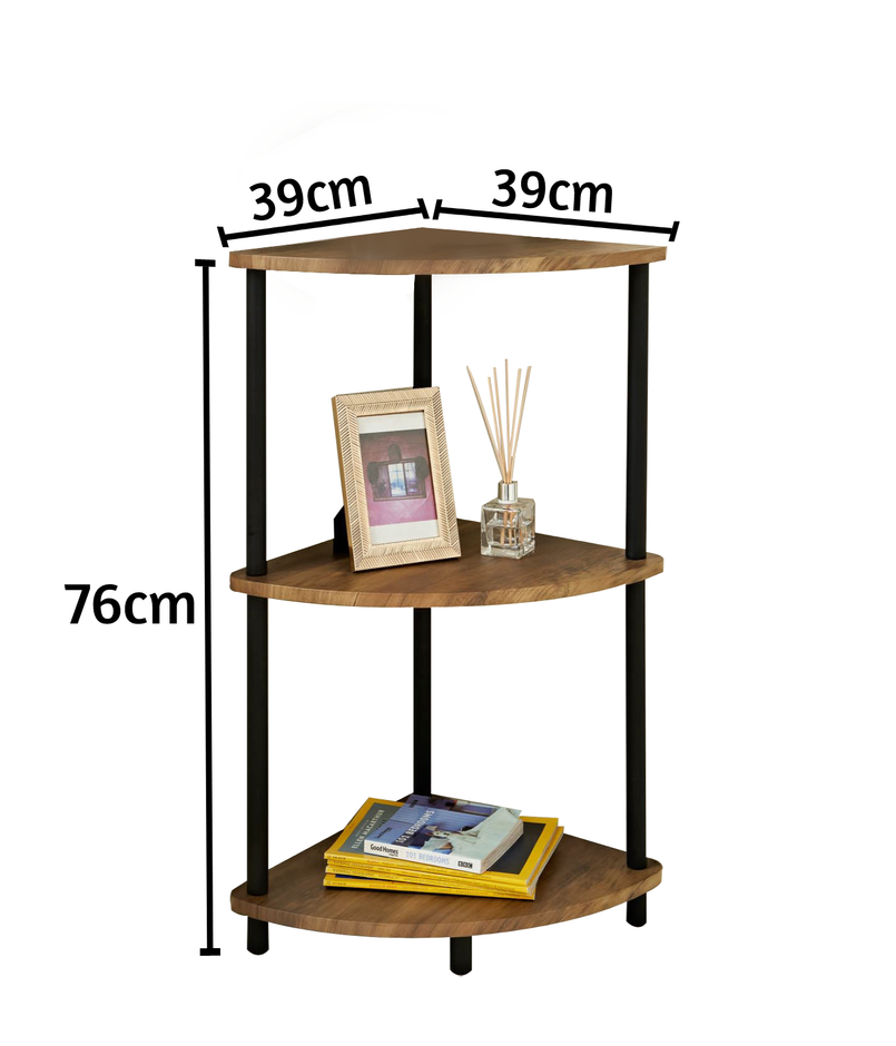 3 Tier Corner Shelf Unit Living Room Furniture - Rustic Oak